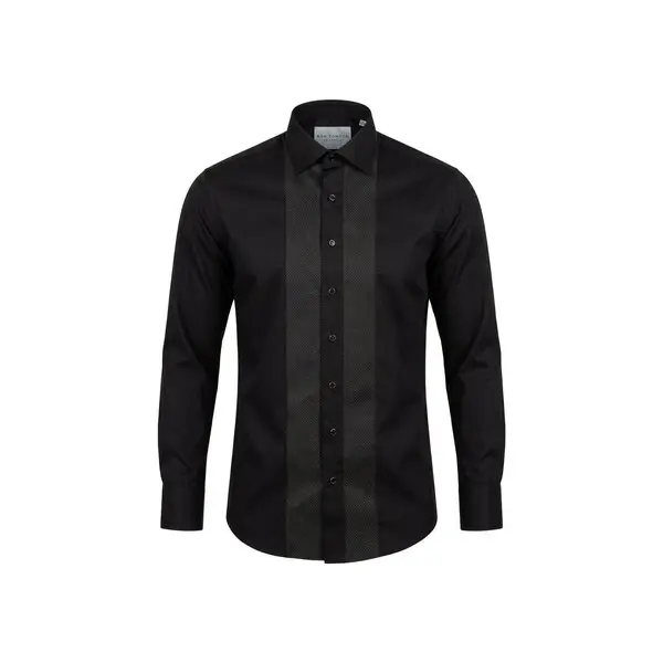 RON TOMSON Lurex Paneled Spread Collar Tux Shirt - Black