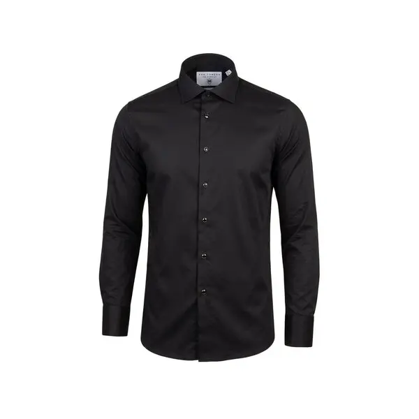 RON TOMSON Pure Cotton Classic Collar Stud Button French Cuff Tuxedo Shirt - Black