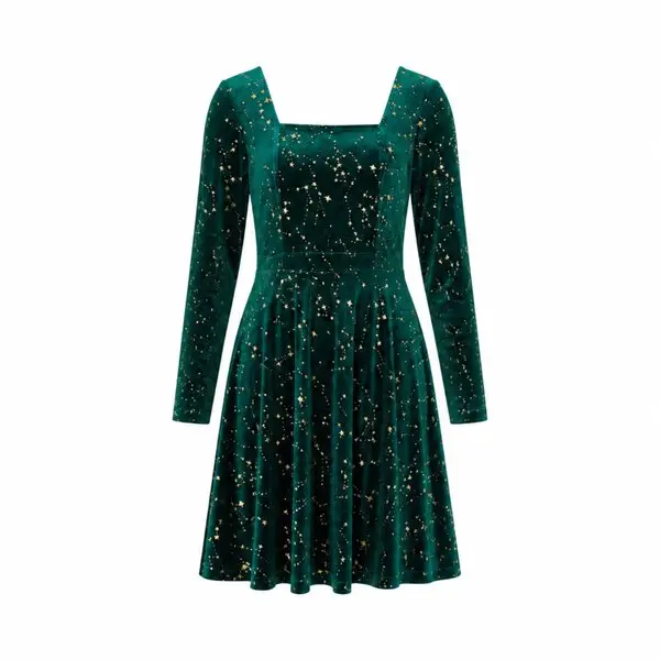 YUMI Star Foil Print Long Sleeve Skater Dress - Green