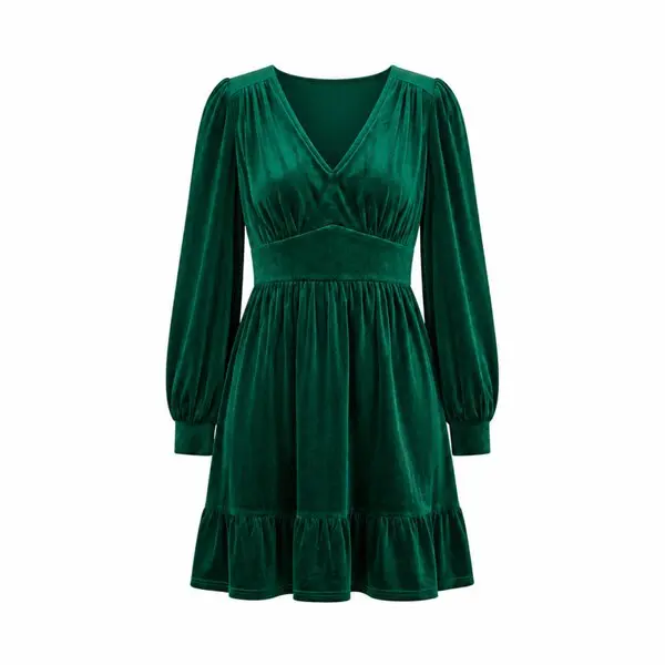 YUMI Velvet Long Sleeve Skater Dress - Green