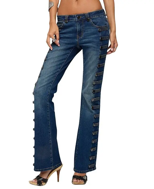 EDIKTED Button Loop Low Rise Dark Rinse Wash Bootcut Jeans