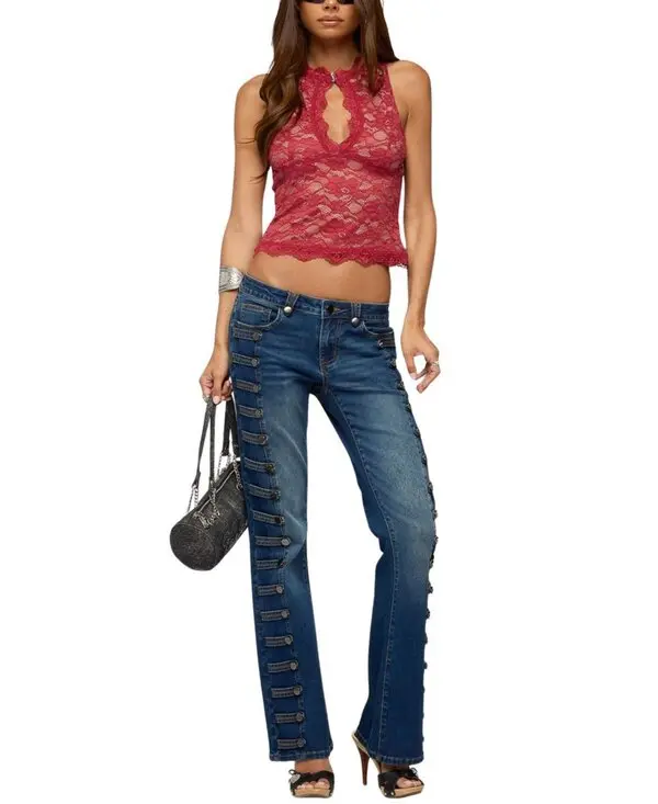 EDIKTED Button Loop Low Rise Dark Rinse Wash Bootcut Jeans