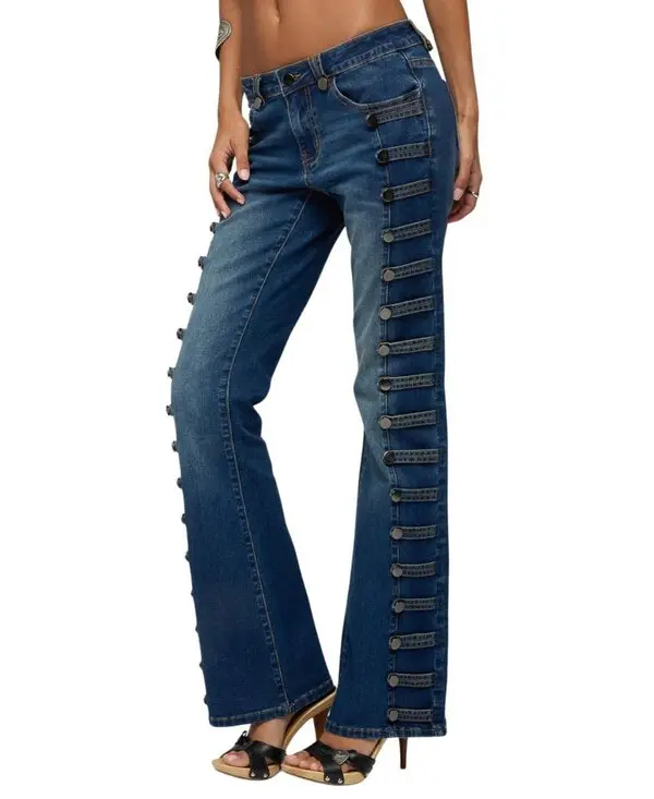 EDIKTED Button Loop Low Rise Dark Rinse Wash Bootcut Jeans