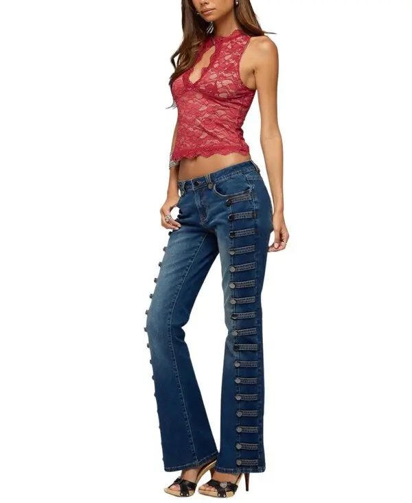 EDIKTED Button Loop Low Rise Dark Rinse Wash Bootcut Jeans