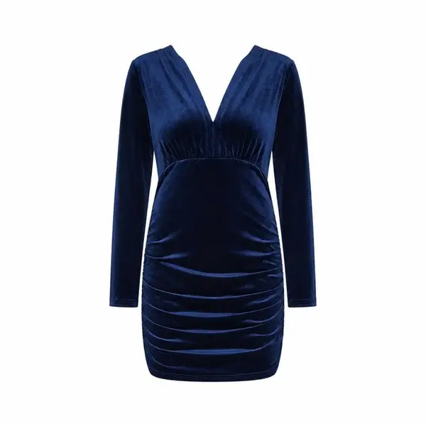 YUMI Velvet Long Sleeve Ruched Fitted Dress - Blue