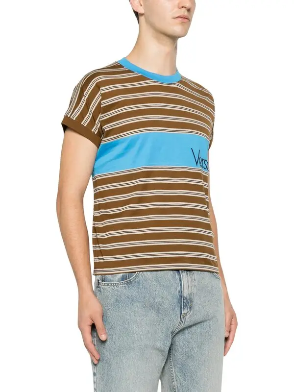 Versace Striped Logo Embroidered Knit T-shirt By