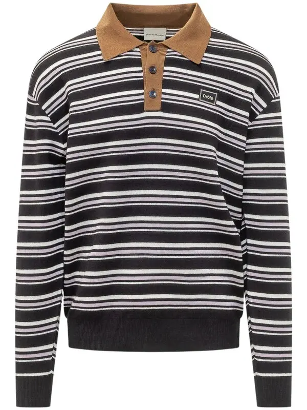 Drole De Monsieur Striped Knit Long Sleeve Polo Shirt - Blue