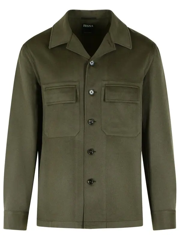 Zegna Alba Overshirt In Dark Olive Green Cashmere Oasis Mélange - Brown