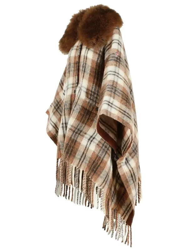 Moncler Wool Blend Cape With And White Shearling, Mohair And Alpaca Collar - Brown