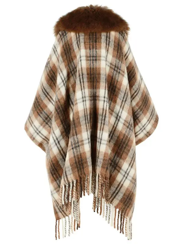 Moncler Wool Blend Cape With And White Shearling, Mohair And Alpaca Collar - Brown