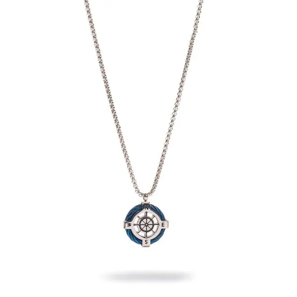 EBRU JEWELRY Silver / Blue True North Compass Ship Wheel Blue Steel Necklace Silver - Silver/blue