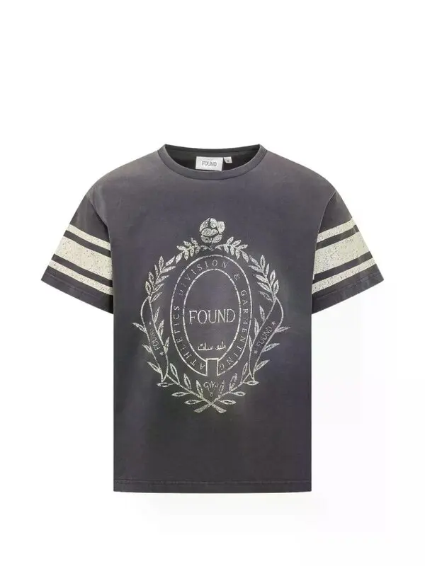 FOUND Collegiate Crest Logo-print Striped-sleeve T-shirt