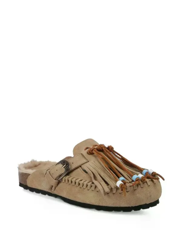 TAJI Caribe Buckled Fringe Mules