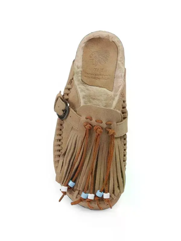 TAJI Caribe Buckled Fringe Mules