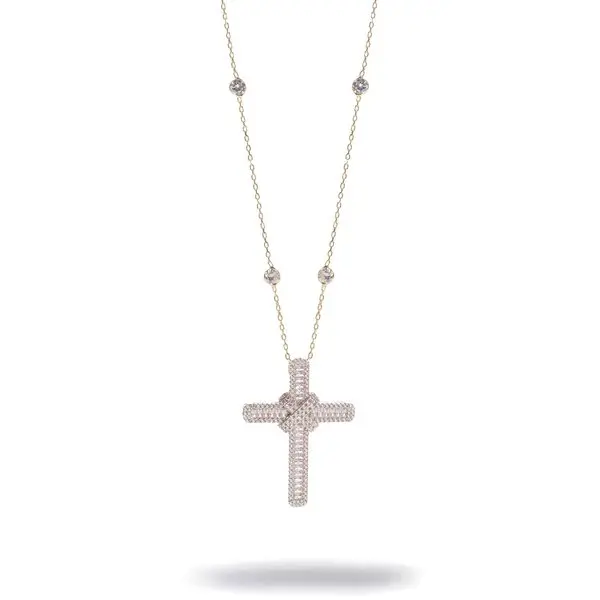 EBRU JEWELRY Baguette Diamond Cross Pendant Statement Long Necklace - Silver