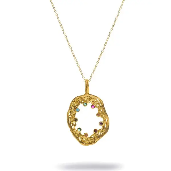 EBRU JEWELRY Mosaic Of Light Multicolor Gemstone Oval Pendant Necklace - Gold