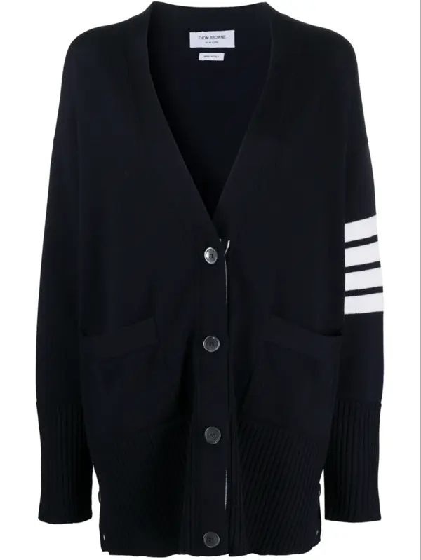 Thom Browne Exaggerated Fit V Neck Cardigan W/ 4 Bar Stripe In Fine Merino Wool - Navy