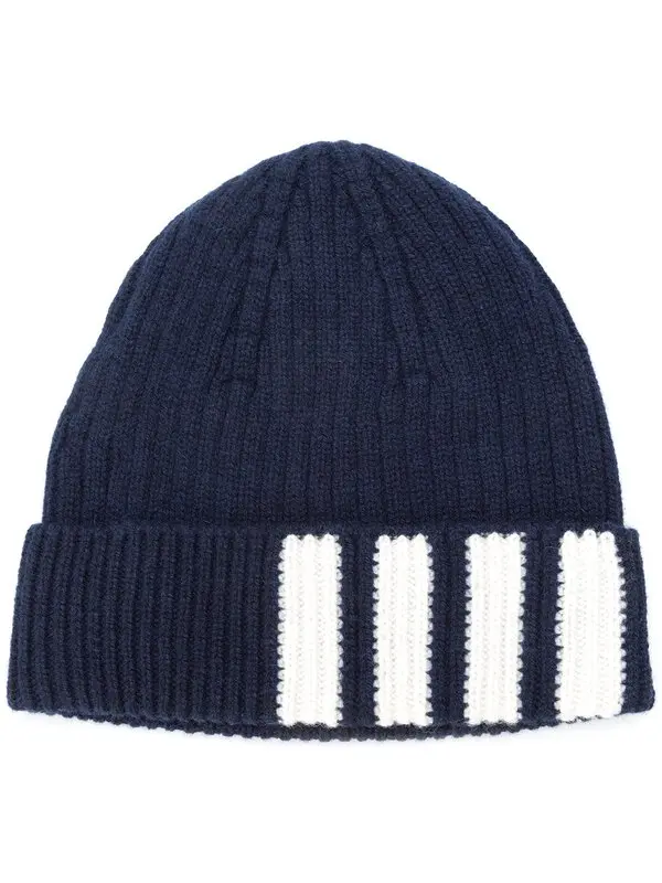 Thom Browne Rib Hat W/ 4 Bar Stripe In Cashmere - Navy