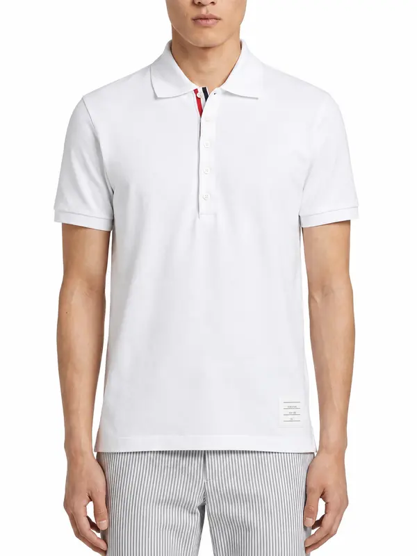 Thom Browne Short Sleeve Rib Cuff Polo W/ Engineered Bar Stripe In Classic Pique
