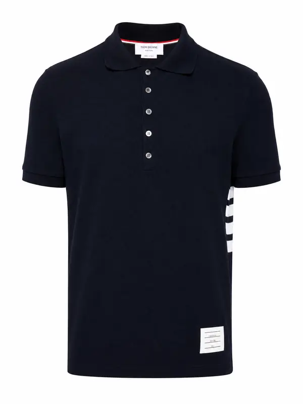 Thom Browne Short Sleeve Rib Cuff Polo W/ Engineered Bar Stripe In Classic Pique - Navy