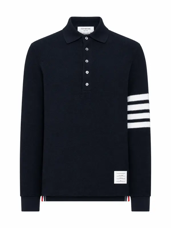 Thom Browne Long Sleeve Polo In Textured Pique W/ Eng Bar - Navy