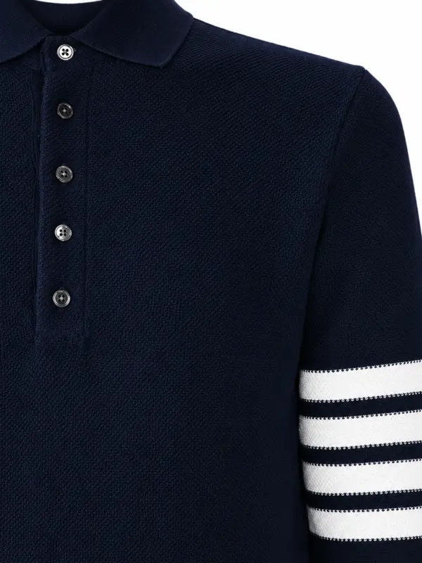 Thom Browne Long Sleeve Polo In Textured Pique W/ Eng Bar