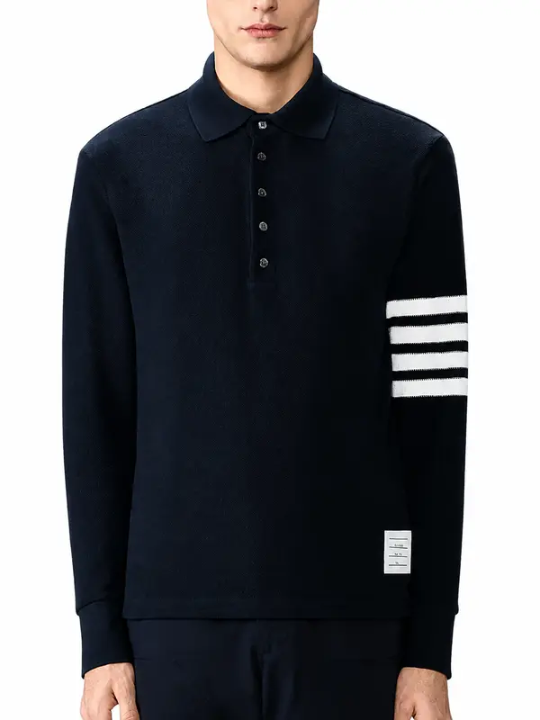 Thom Browne Long Sleeve Polo In Textured Pique W/ Eng Bar