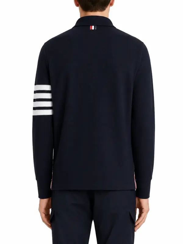 Thom Browne Long Sleeve Polo In Textured Pique W/ Eng Bar