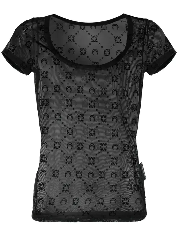 MARINE SERRE Moonogram Mesh Flock Ss Roundneck Top - Black
