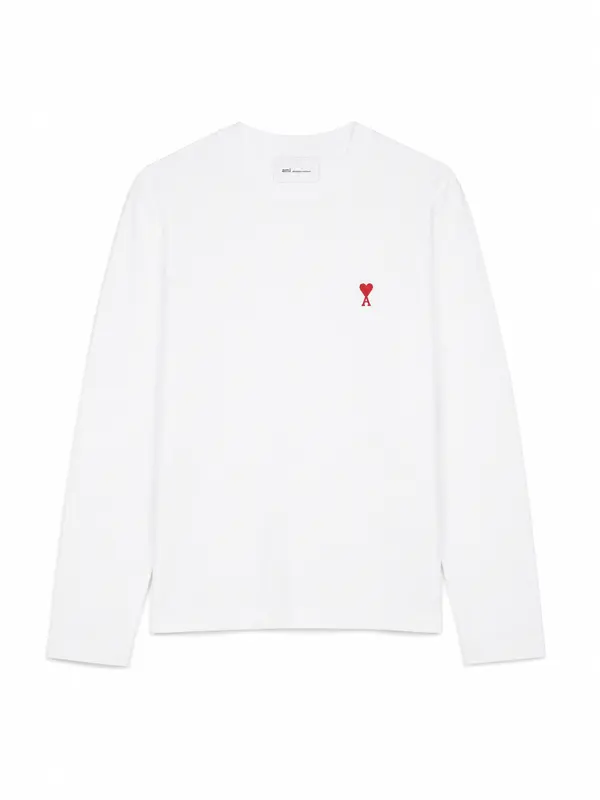 AMI Paris Long Sleeves Tshirt With Red De Coeur - Blanc
