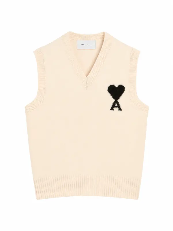 AMI Paris Sleeveless Sweater With Contrasted De Coeur - Ecru/noir