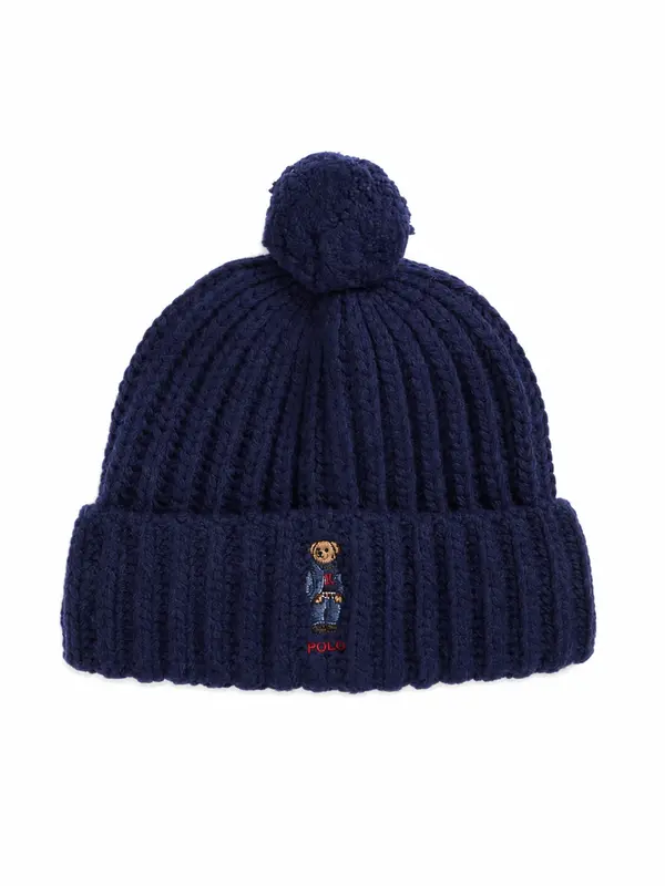 Ralph Lauren Rws Wool Recyc Nyln Pom Dnm Bear Beanie - Blue