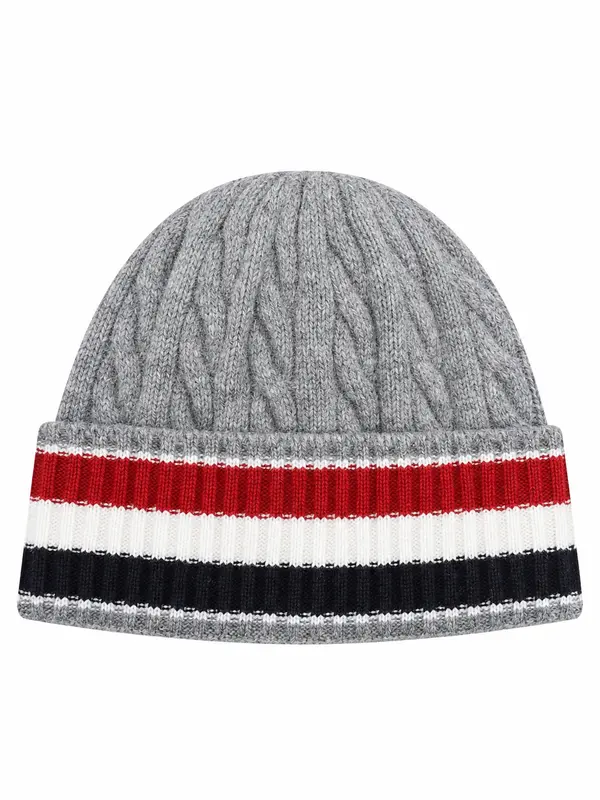 Thom Browne Cable And Rib Beanie In Merino Wool W/ Rwb Stripe