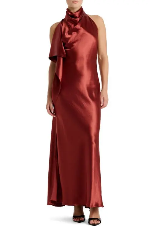 Bardot Sierra Drape Mock Neck Halter Satin Gown - Rust