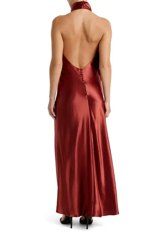 Bardot Sierra Drape Mock Neck Halter Satin Gown