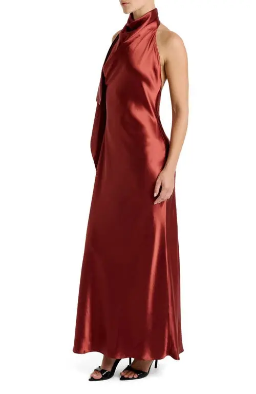 Bardot Sierra Drape Mock Neck Halter Satin Gown