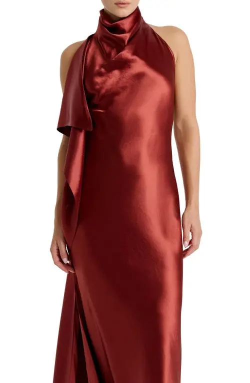 Bardot Sierra Drape Mock Neck Halter Satin Gown