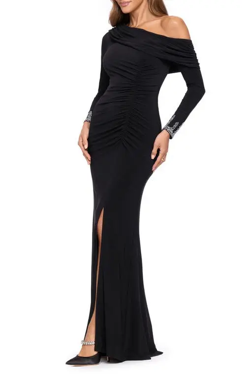 Betsy & Adam Ruched Beaded Cuff Long Sleeve Gown