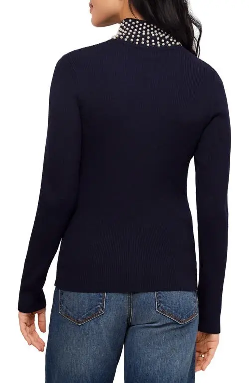 Karen Kane Pearl Embellished Turtleneck Sweater - Navy