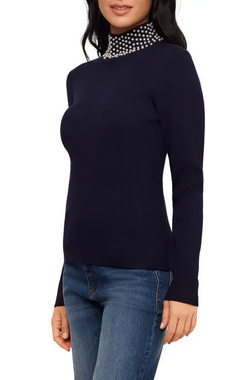 Karen Kane Pearl Embellished Turtleneck Sweater - Navy