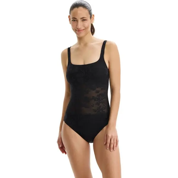 GOTTEX Chantilly Lace Textured Square Neck One Piece Swimsuit - Black