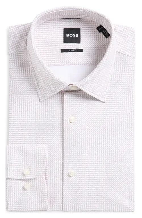 BOSS Hank Slim Fit Performance Stretch Geometric Dress Shirt - Open Beige