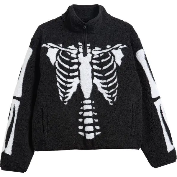 MARKET Skeletal Print High Pile Fleece Quarter Zip Pullover