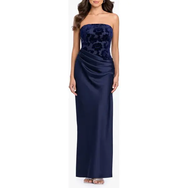 Betsy & Adam Velvet Burnout Bodice Strapless Sheath Gown