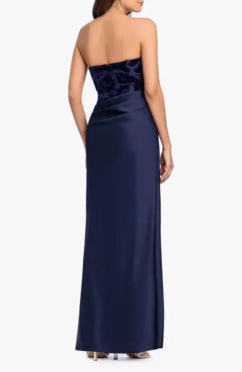 Betsy & Adam Velvet Burnout Bodice Strapless Sheath Gown