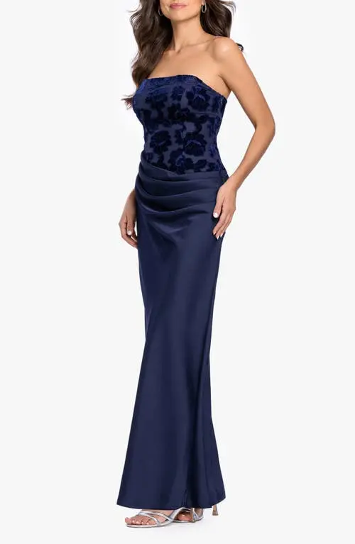 Betsy & Adam Velvet Burnout Bodice Strapless Sheath Gown