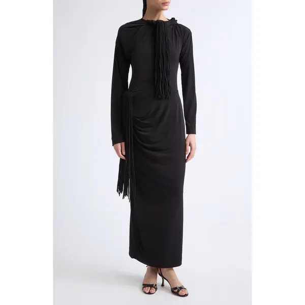 Altuzarra Garland Long Sleeve Fringed Jersey Maxi Dress - Black