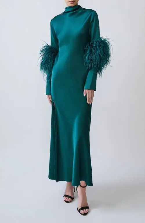 Lapointe Satin Draped Neck Bias Dress With Feathers