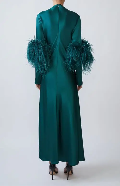 Lapointe Satin Draped Neck Bias Dress With Feathers