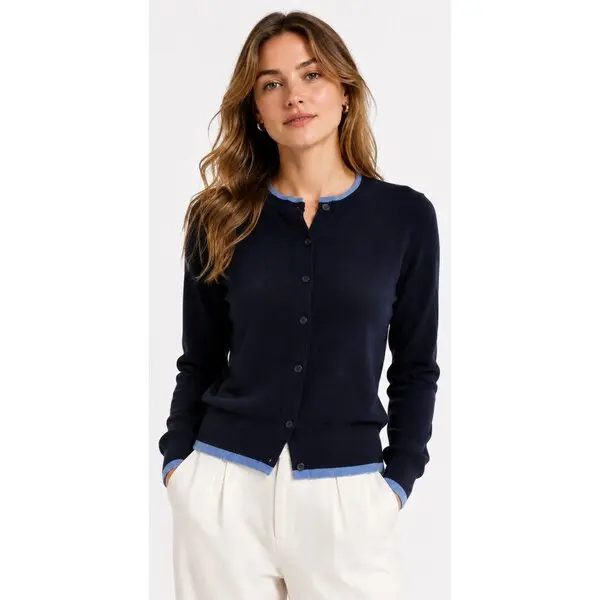 GALLERY SEVEN Wool Blend Contrast Trim Button Cardigan - Deep Navy